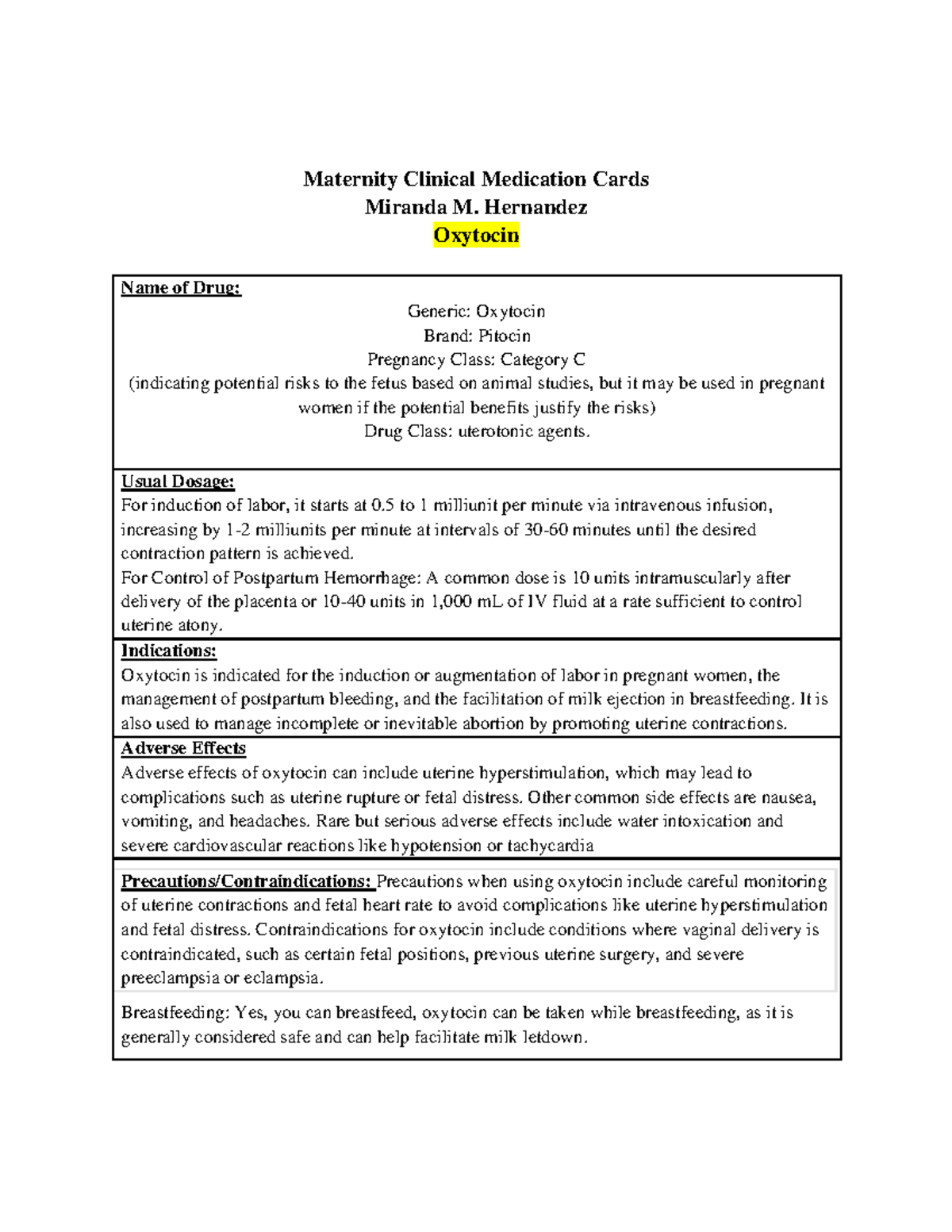 Medication cards week 2 - Maternity Clinical Medication Cards Miranda M ...