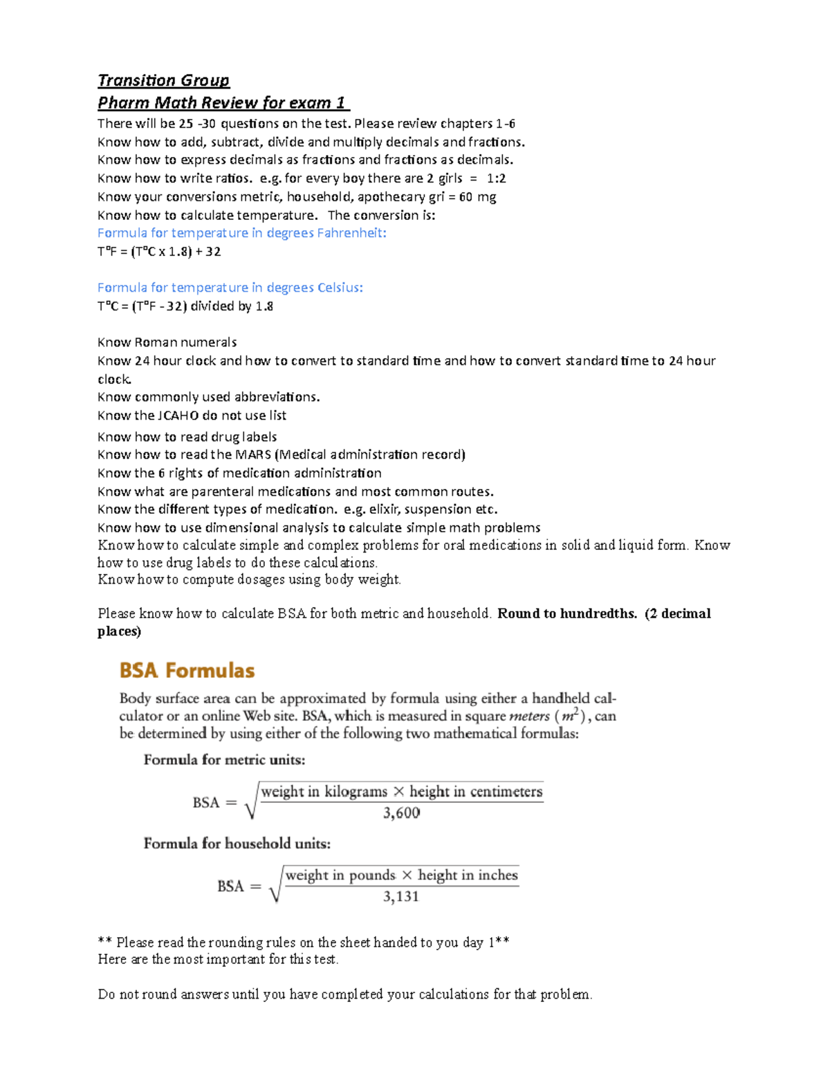 Pharm math review sheet for test 1 chapter 1-6 - Transition Group Pharm ...