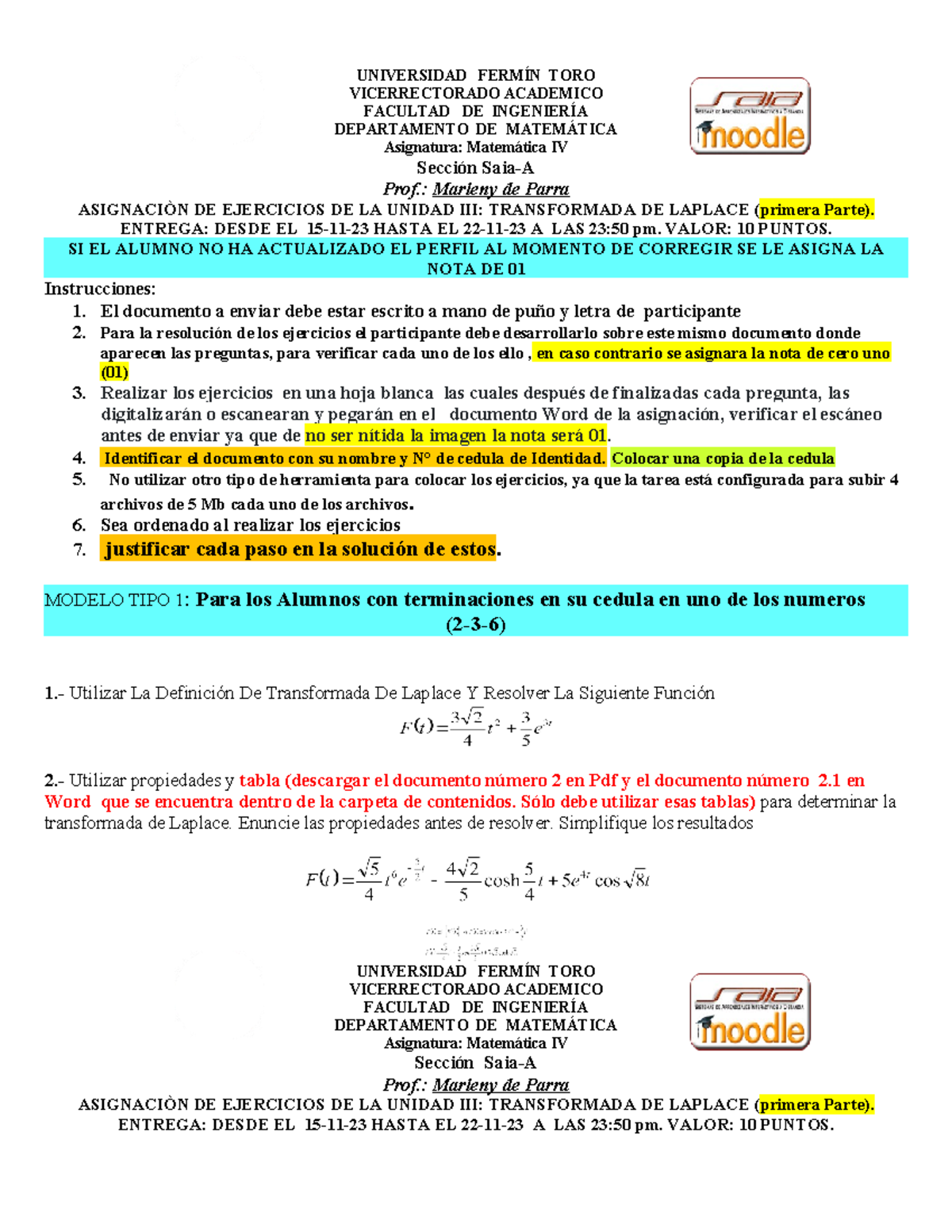 Asignación de Ejercicios Unidad 2 de tranf directa de Laplace y ...