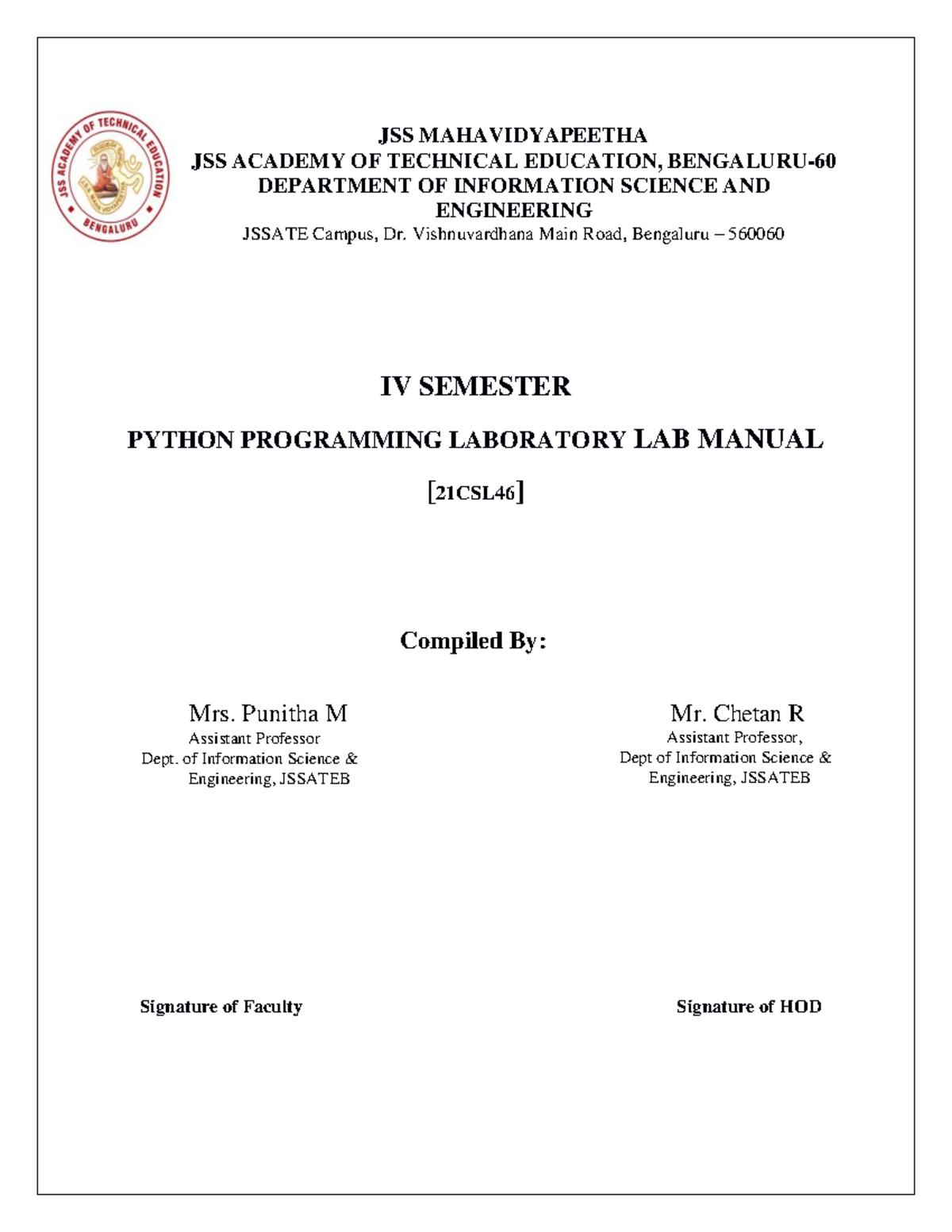 Python Programming Manual-21CSL46L - JSS MAHAVIDYAPEETHA JSS ACADEMY OF ...