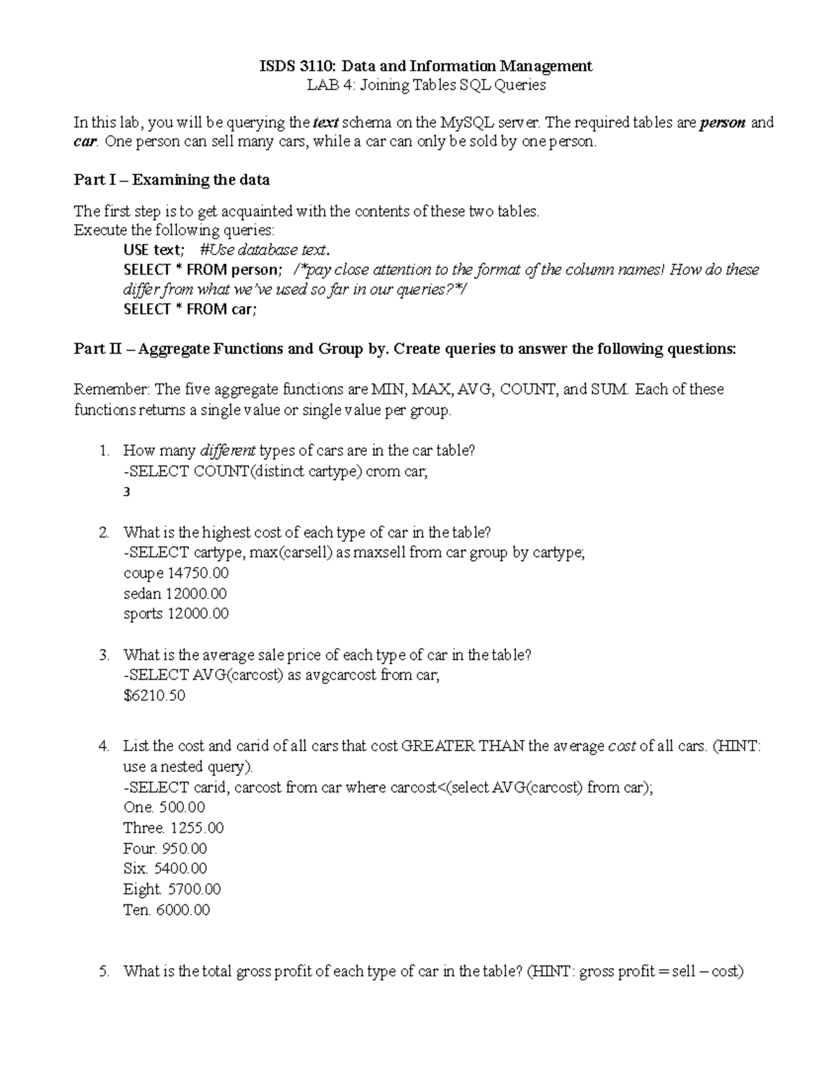 LAB4 - fourth lab - ISDS 3110: Data and Information Management LAB 4: Joining Tables SQL Queries ...
