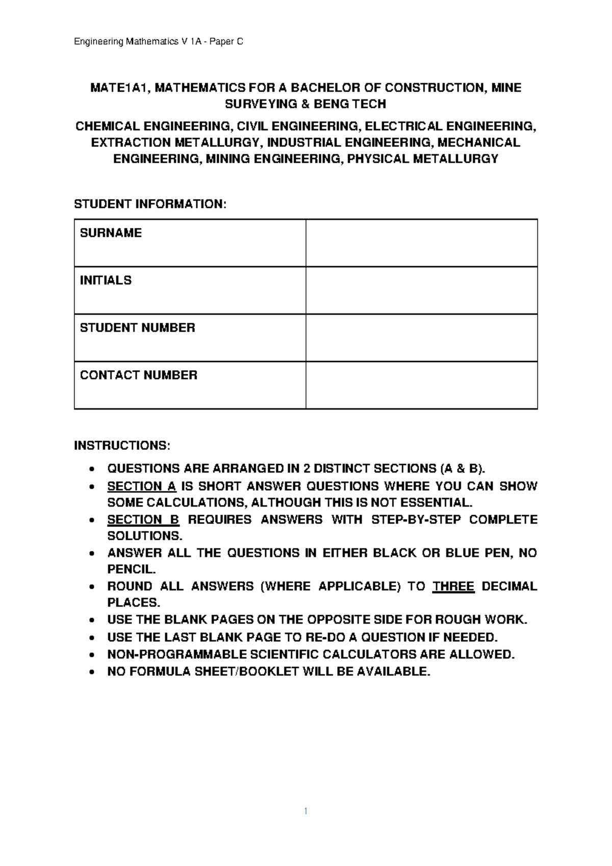 MATE1A1 - Summary Engineering Mathematics 1A - MATE1A1, MATHEMATICS FOR ...