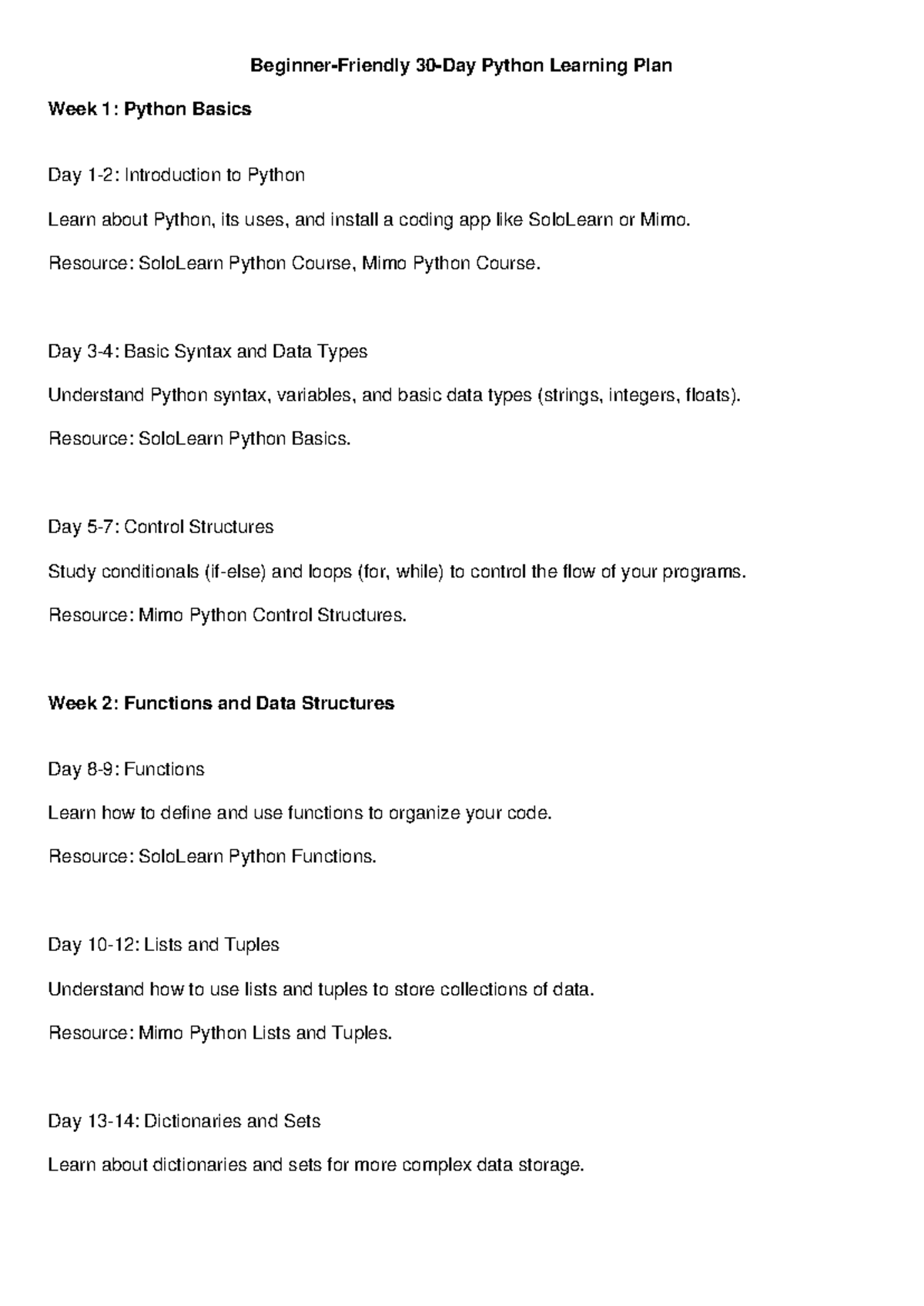 Python Learning Plan - Beginner-Friendly 30-Day Python Learning Plan Week 1: Python Basics Day 1 ...