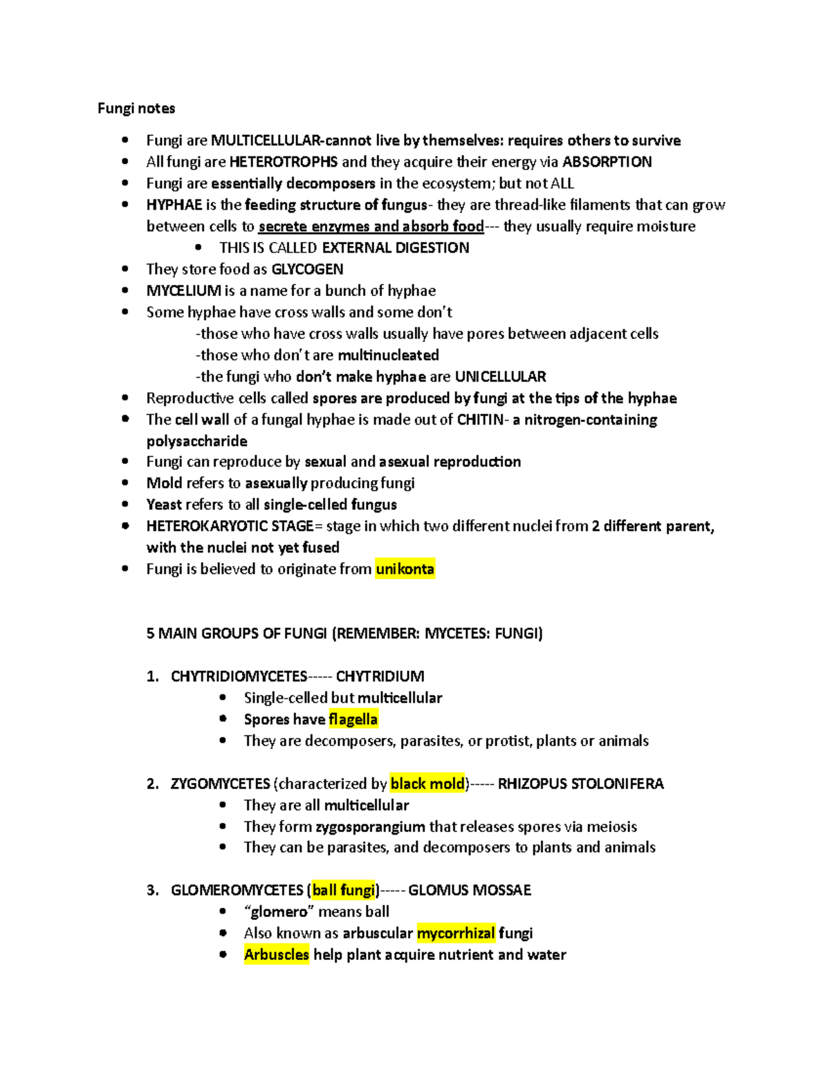 Fungi notes - karen sereda - Fungi notes Fungi are MULTICELLULAR-cannot ...