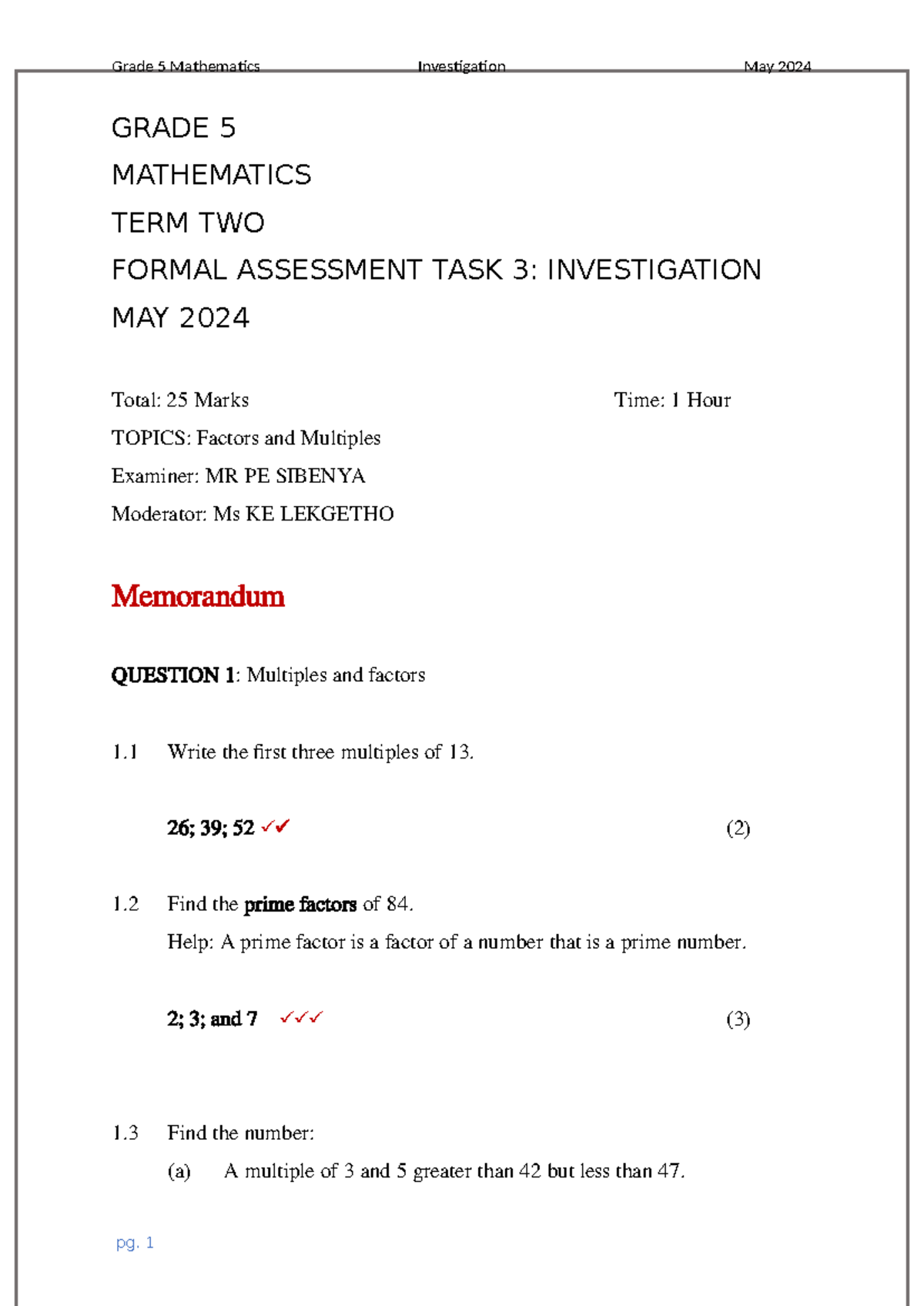 Grade 5 Task 3 Maths 2023 Memo - Grade 5 Mathematics Investigation May ...