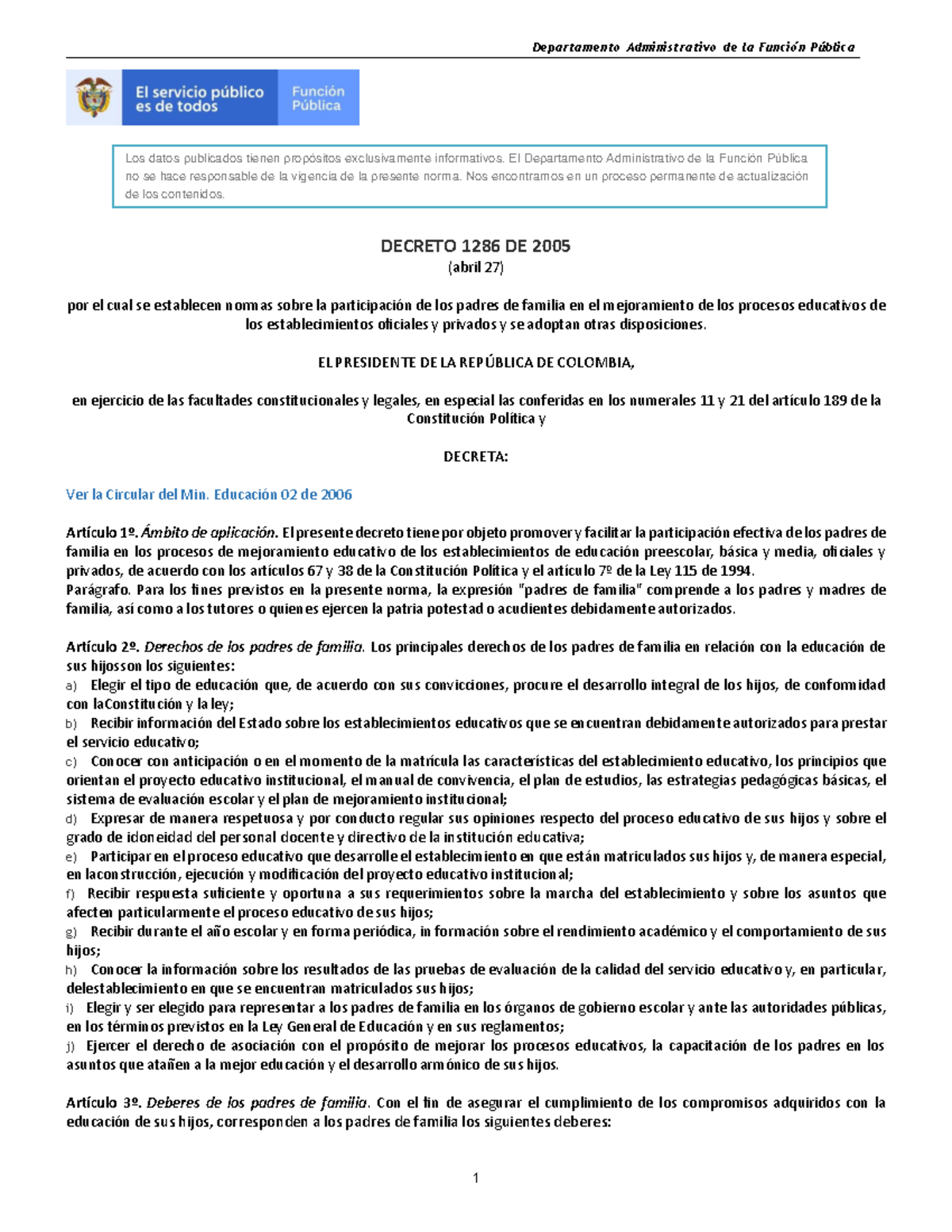 Decreto 1286 de 2005 Padres DE Familia - DECRETO 1286 DE 2005 (abril 27 ...