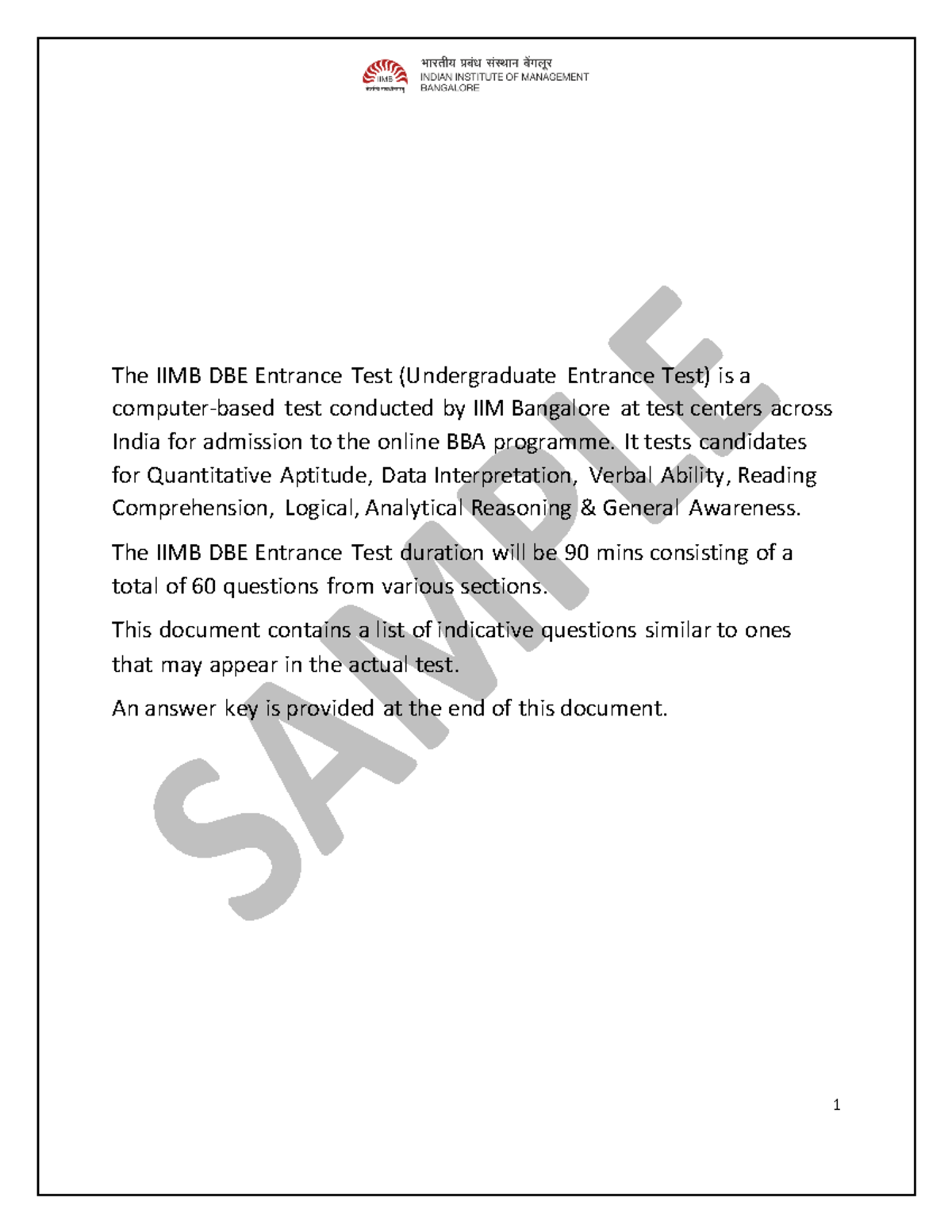 IIMB DBE Sample Questions 5 - The IIMB DBE Entrance Test (Undergraduate ...