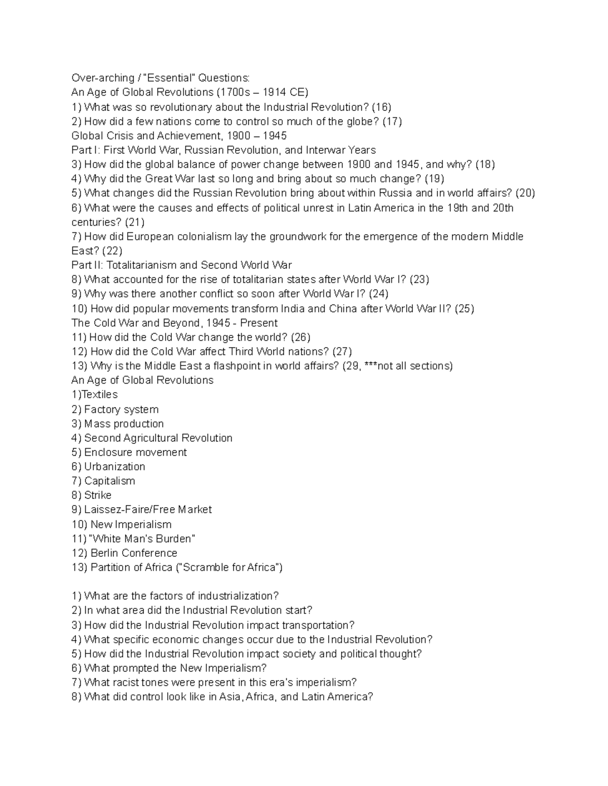 History Final - Over-arching / “Essential” Questions: An Age of Global ...