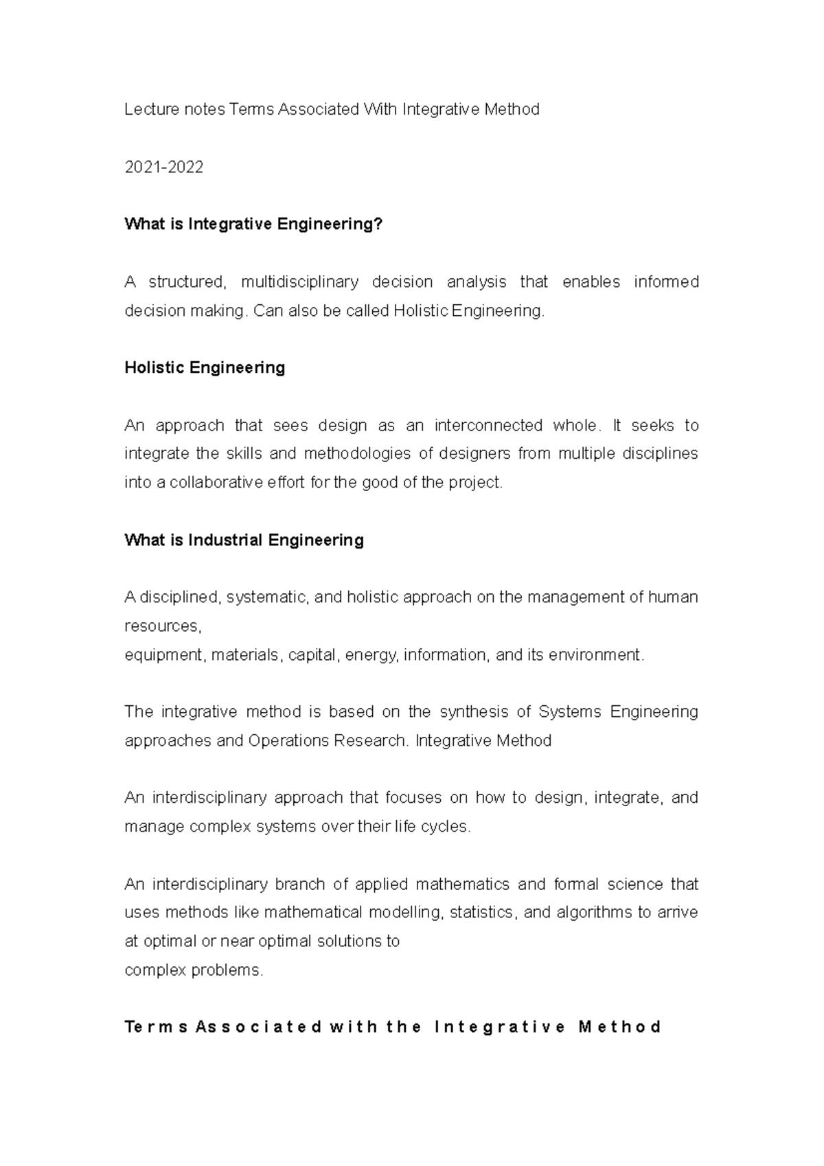 Lecture Notes Terms Associated With Integrative Method Can Also Be Called Holistic Engineering