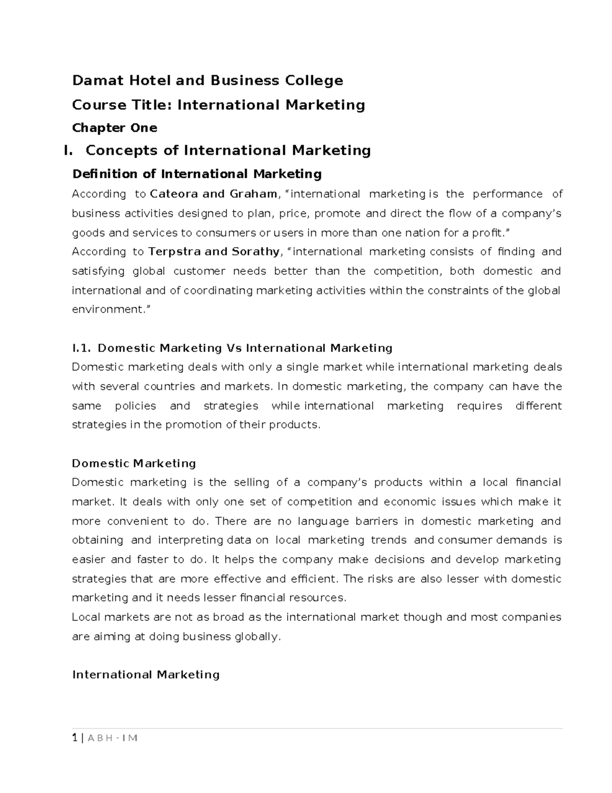 International Marketing Notes - Damat Hotel and Business College Course ...