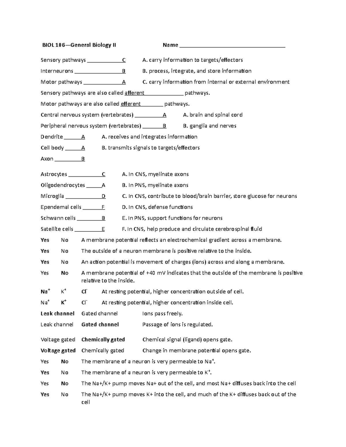 30 31 Nervous System Key - BIOL Biology II Name Sensory pathways C A ...