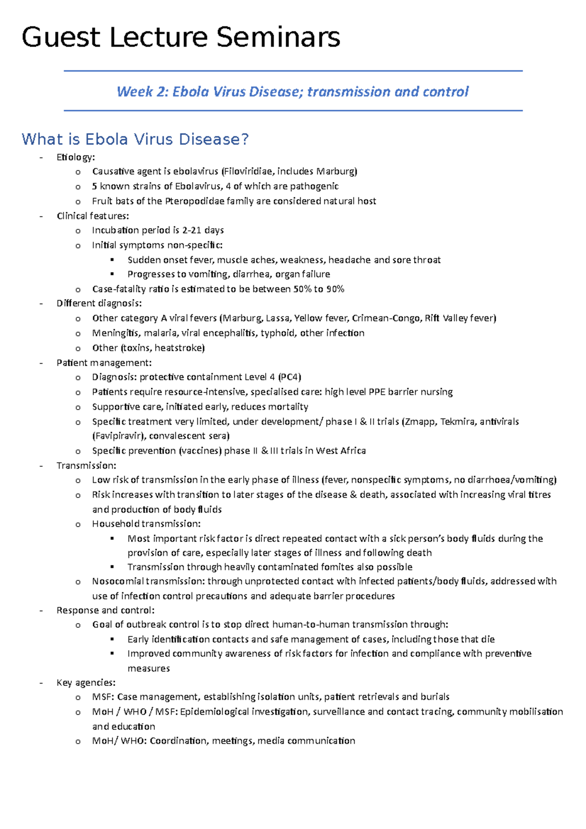 Guest Lecture Seminars - Guest Lecture Seminars Week 2: Ebola Virus Disease; transmission and ...