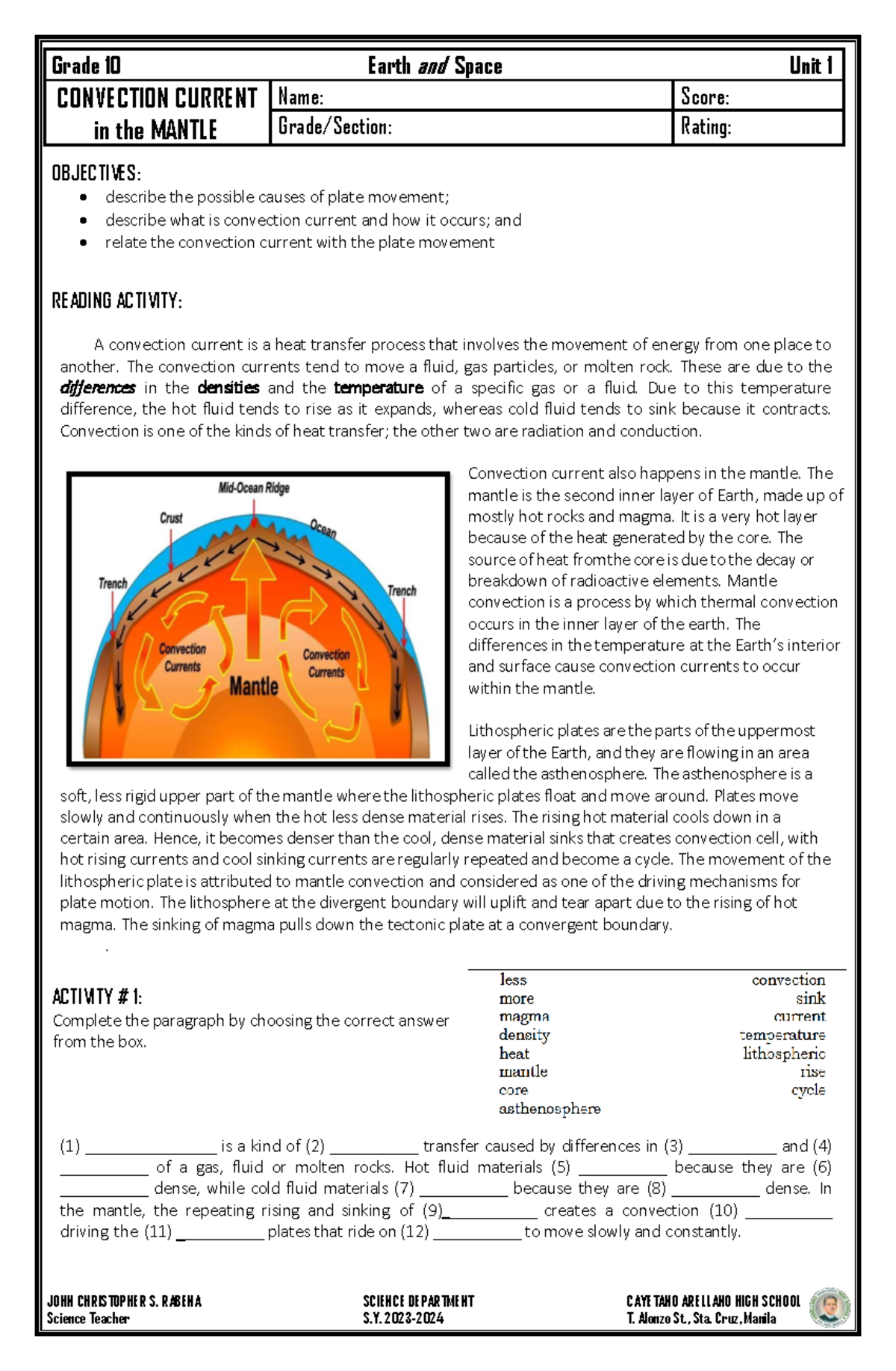 Mantle Convection Current Worksheet - OBJECTIVES: describe the possible ...