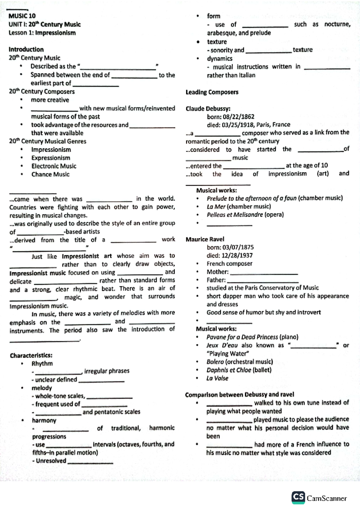 Music - This will help you on your studies - MUSIC 10 form UNIT I: 20th ...
