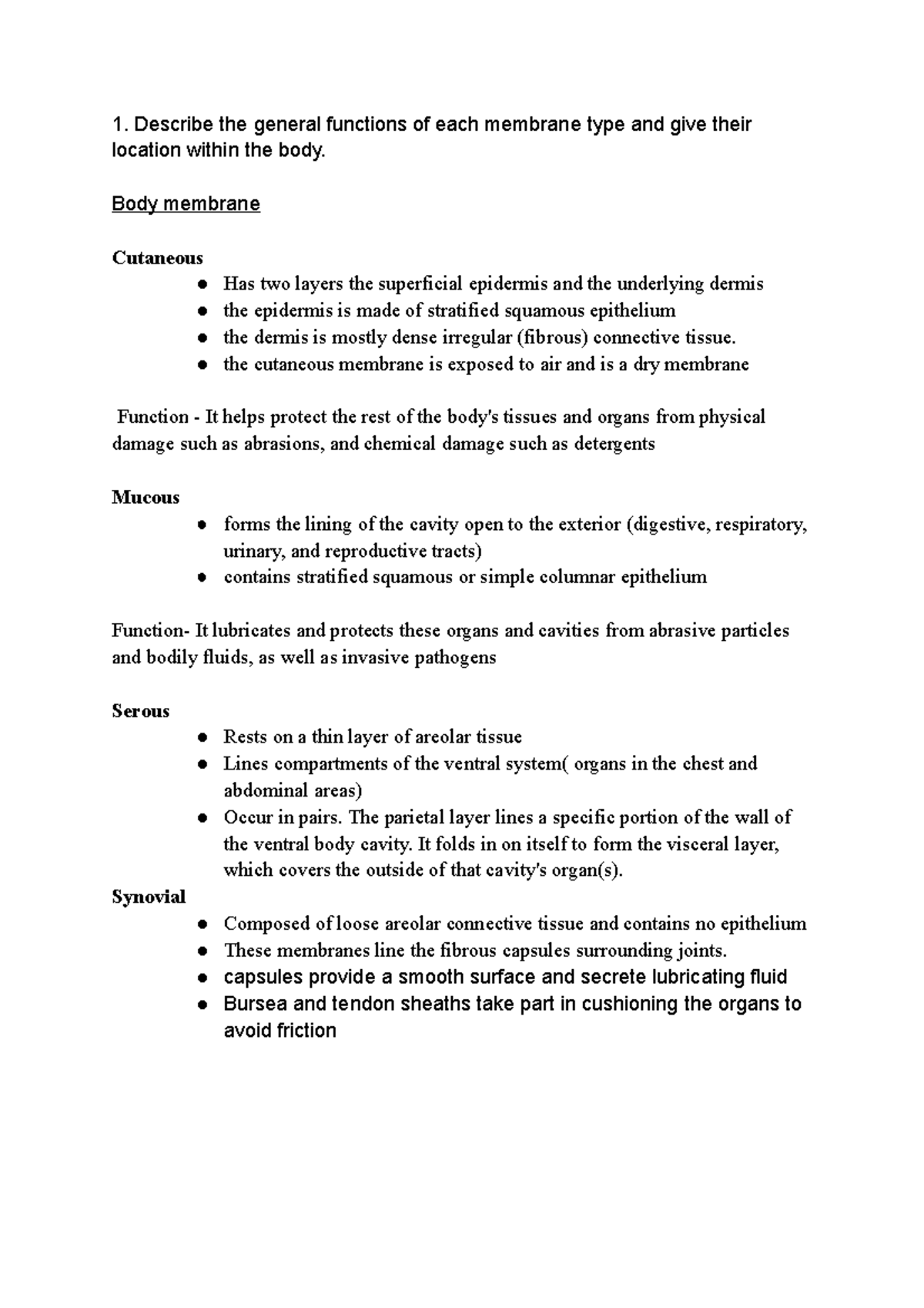Anatomy 5 and 6 - Week 5 and 6 - Describe the general functions of each ...