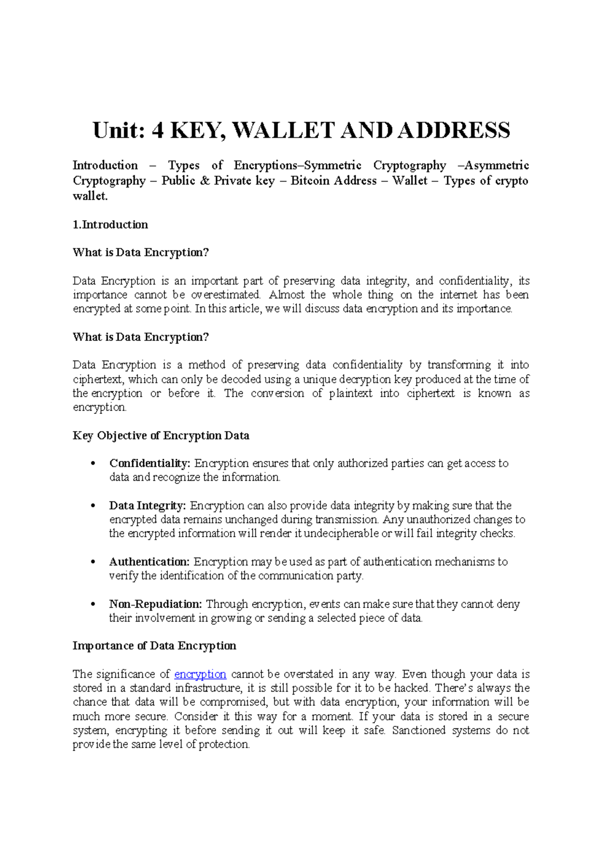 Unit 4 - Unit: 4 KEY, WALLET AND ADDRESS Introduction – Types of Encryptions–Symmetric ...