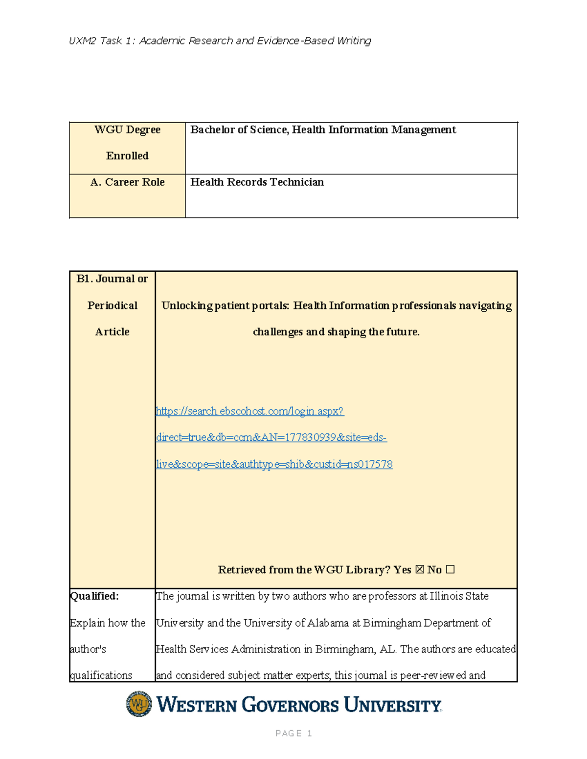 UXM2 TASK 1 - Task 1 assignment final copy. Pass - WGU Degree Enrolled Bachelor of Science ...