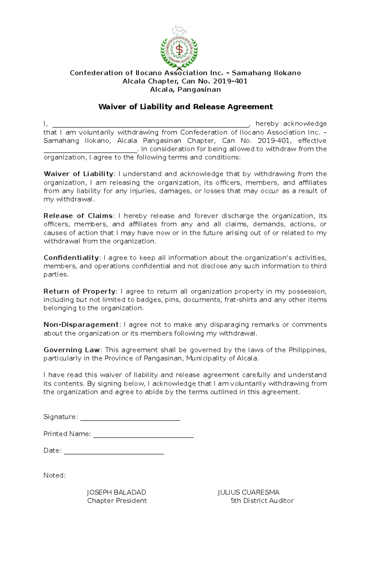 Ciasi Waiver - Confederation of Ilocano Association Inc. – Samahang ...