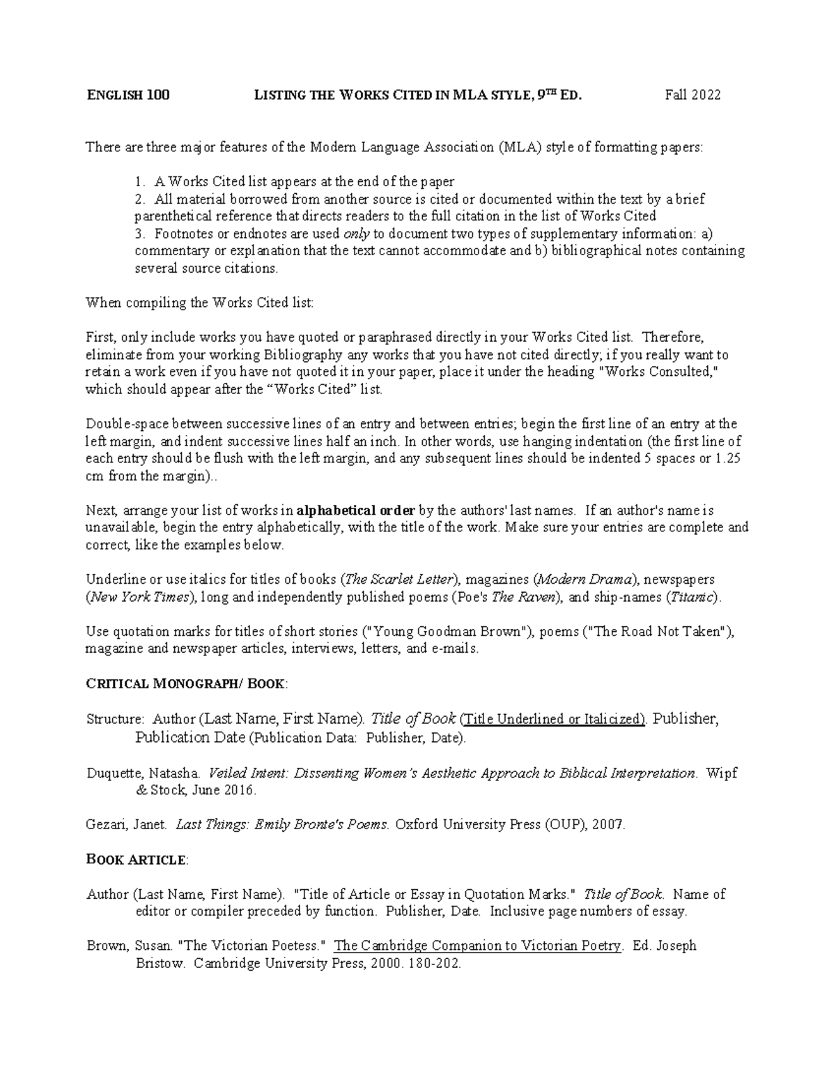 How to cite an essay - ENGLISH 100 LISTING THE WORKS CITED IN MLA STYLE ...