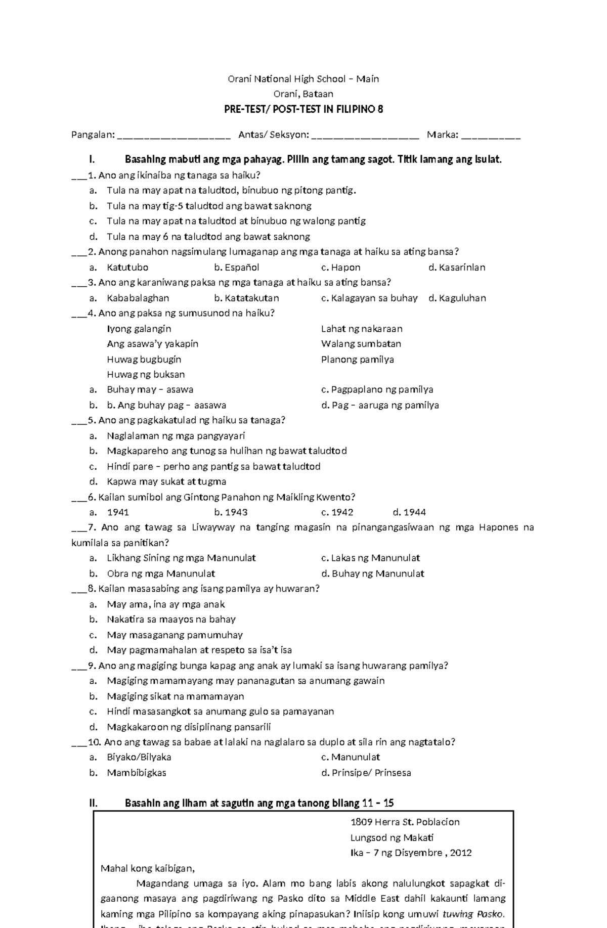 PRE TEST AND POST TEST Filipino 8 - Orani National High School – Main ...