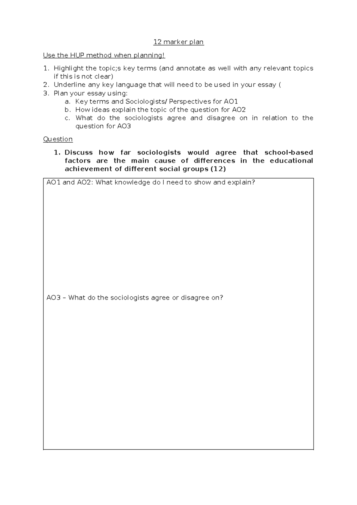 12 Marker Planner - 12 marker plan Use the HUP method when planning ...