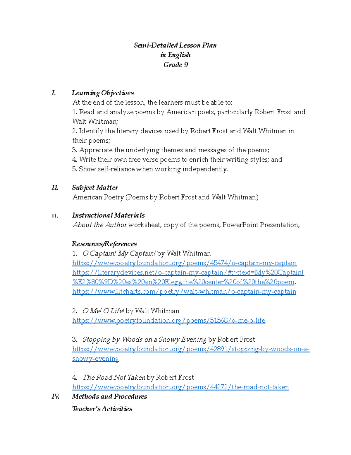 Lesson Plan in English 9 (American Poetry — Frost and Whitman) - Semi ...