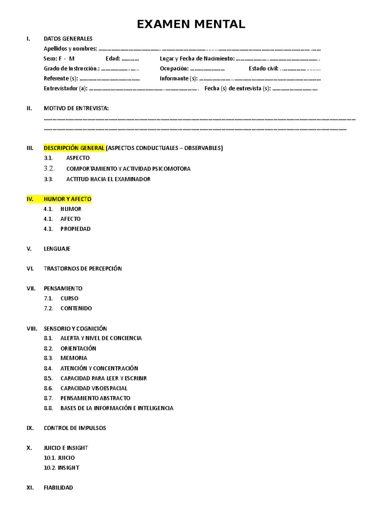 Examen Mental - Formato Nicle Fernanda - EXAMEN MENTAL I. DATOS ...