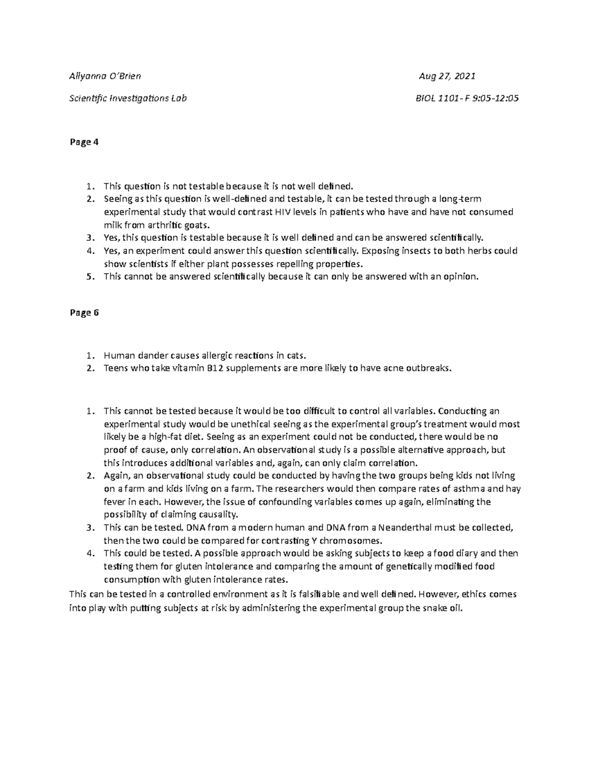 Bio Lab 1 - Biology Lab 1 Assignment - Allyanna O’Brien Aug 27, 2021 ...