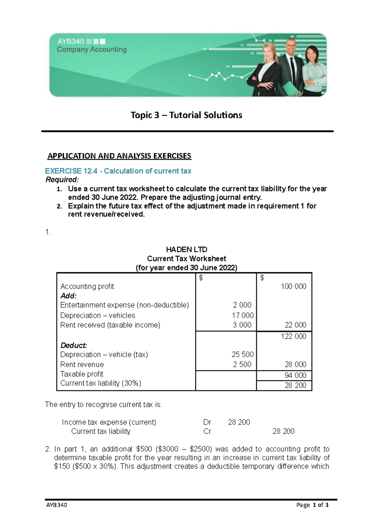 AYB340 Tutorial 3 Solutions - Topic 3 – Tutorial Solutions APPLICATION ...