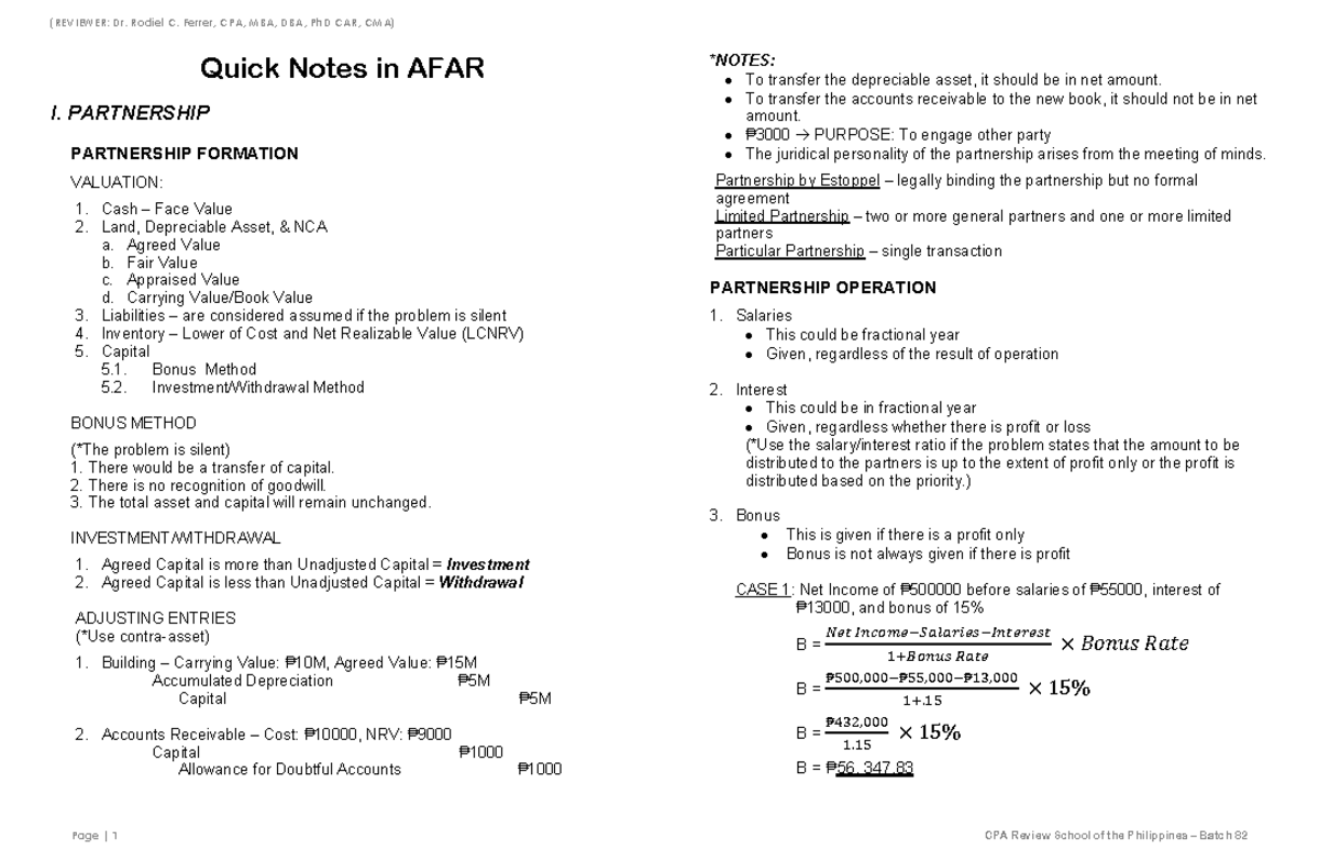 04AFAR Quicknotes - Hehe - Quick Notes in AFAR I. PARTNERSHIP ...