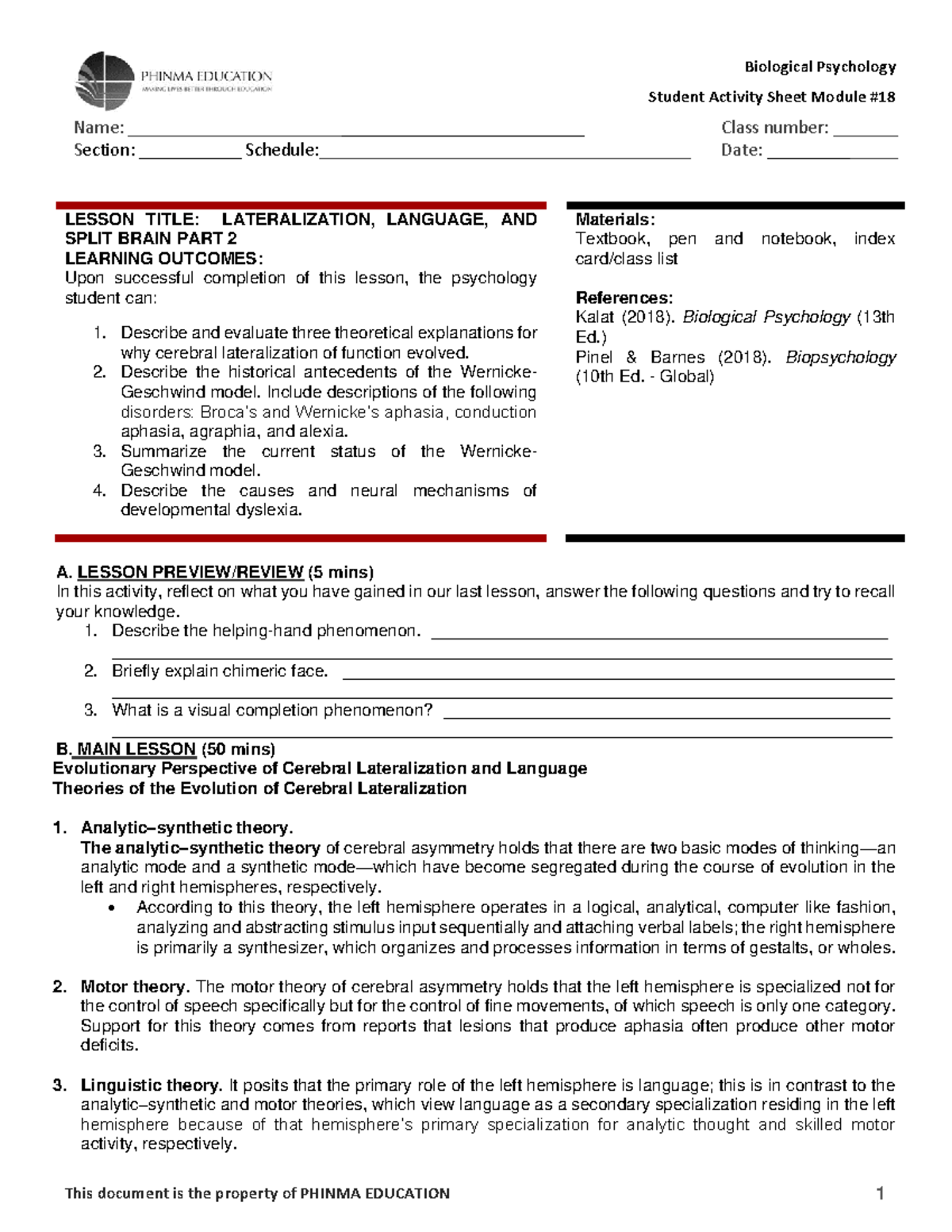 SAS Module 18 Lateralization, Language, AND Split Brain PART 2 - Student Activity Sheet Module ...