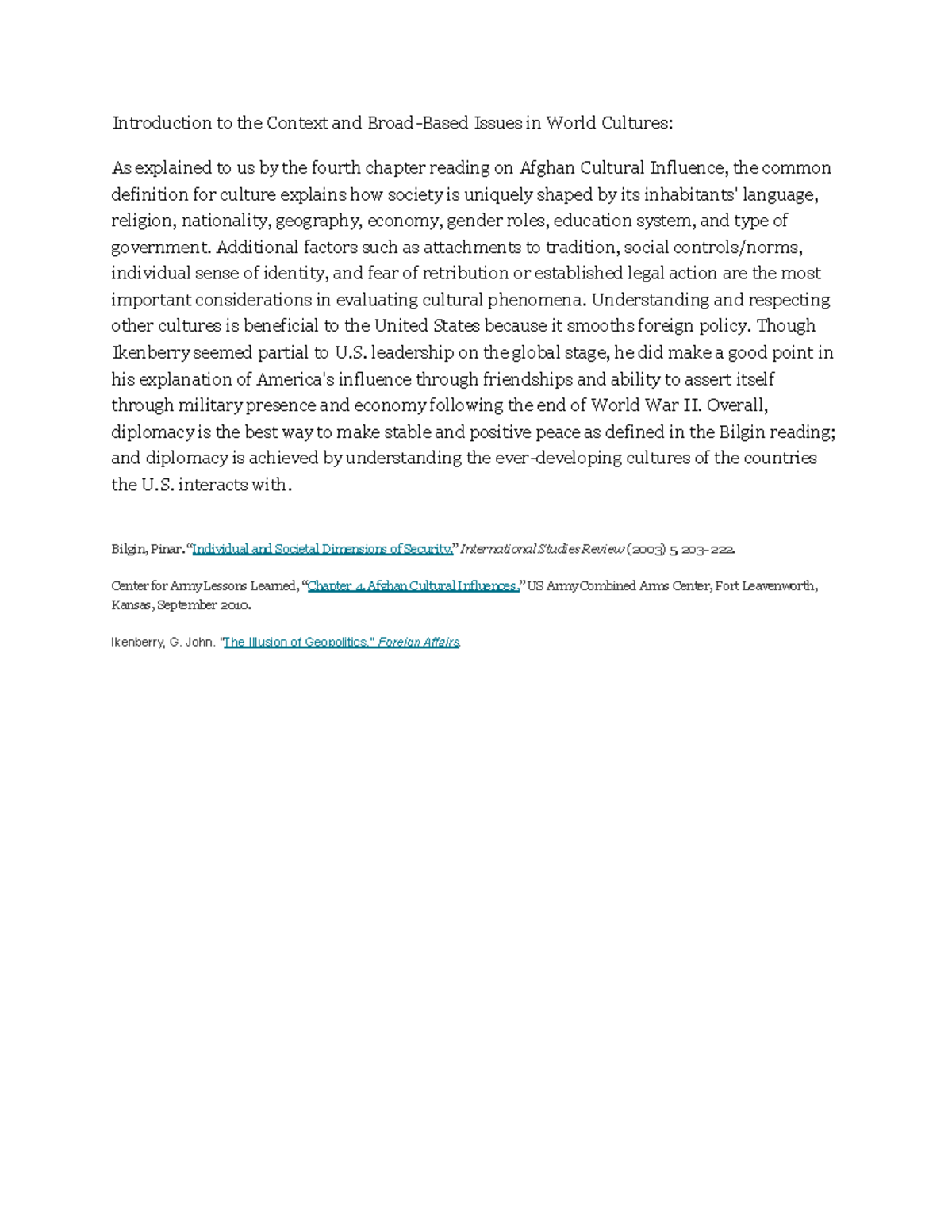 World Cultures Weekly Reading Response to material "Introduction to the ...