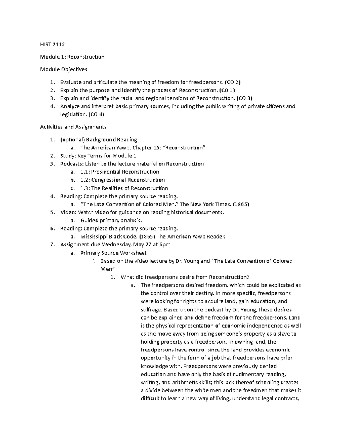 HIST 2112 - Notes for Exam 1 - HIST 2112 Module 1: Reconstrucion Module ...