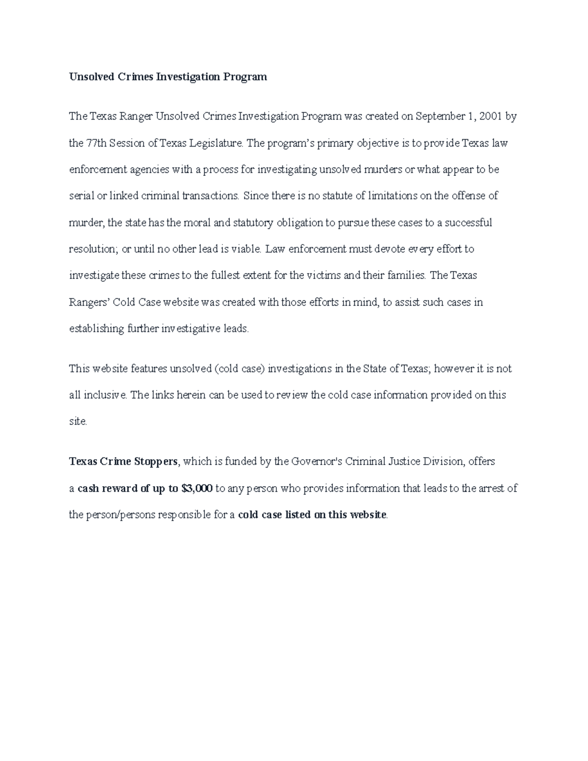 Unsolved Crimes Investigation Program - The program’s primary objective ...