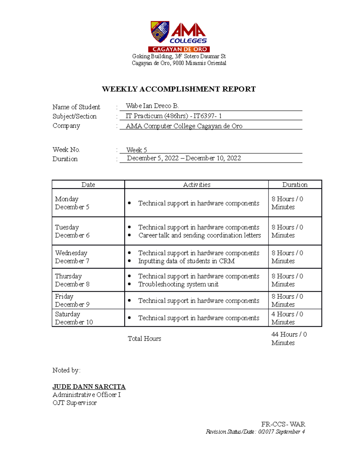 Wabe-Ian Dreco-Week-5-Accomplishment-Report-AMA-CDO - Goking Building ...