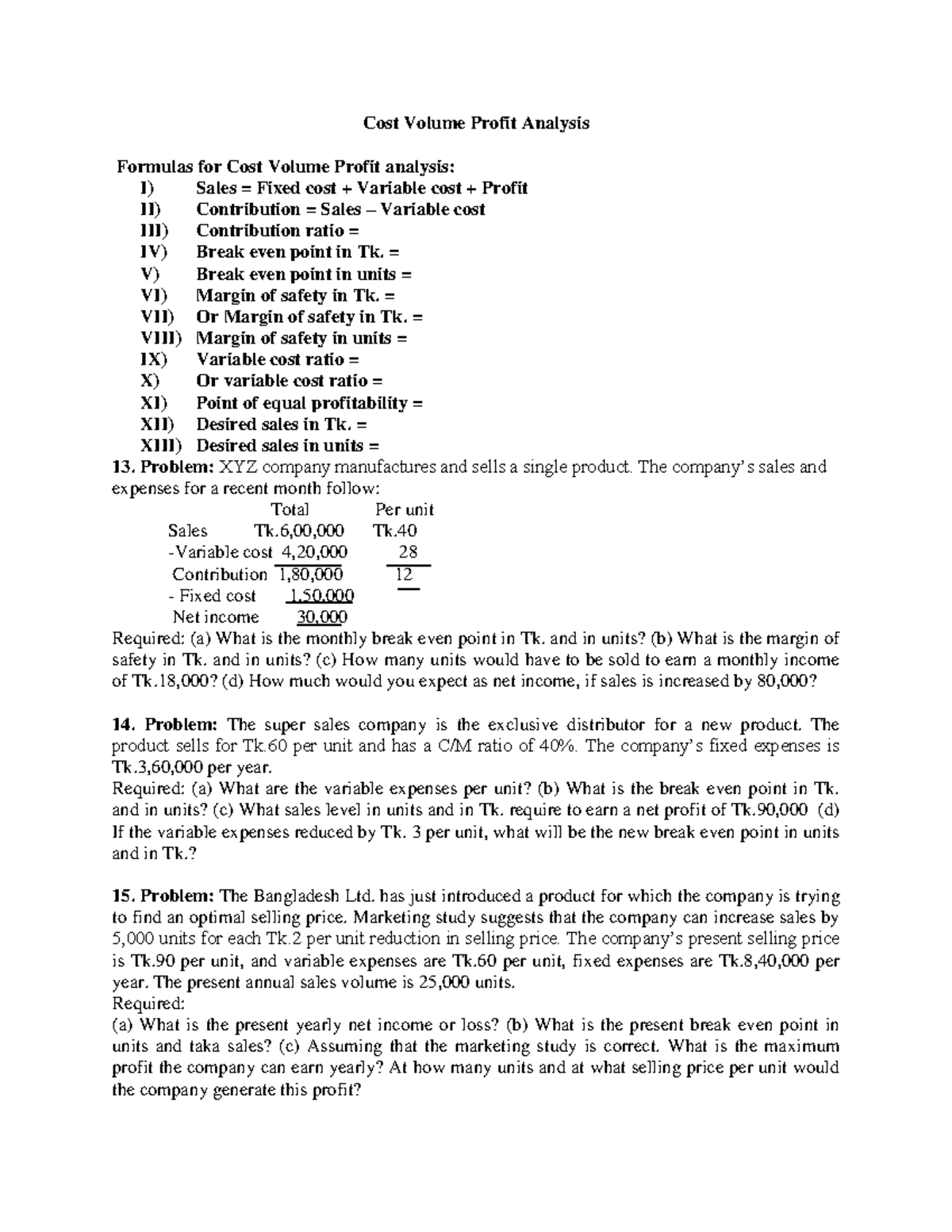 Management Accounting Microsoft Word Document - Cost Volume Profit ...