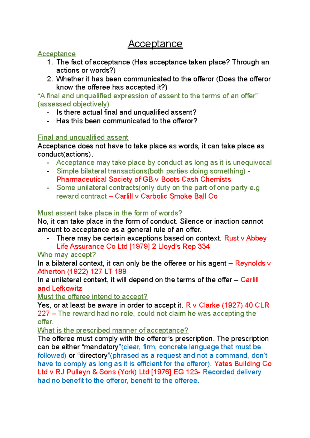Acceptance Revision - One of the topics in the module, contract law ...