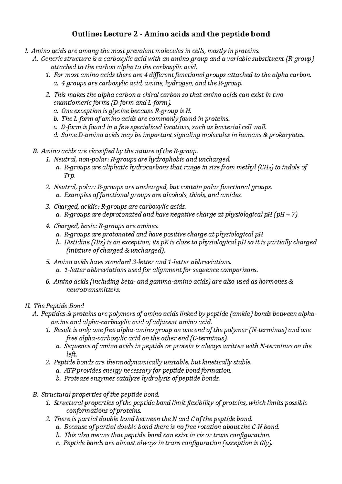 Chem110 Amino Acids - Outline: Lecture 2 - Amino acids and the peptide ...