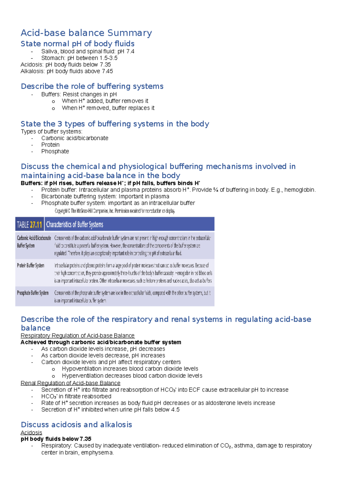 Acid-Base Balance Summary - Acid-base balance Summary State normal pH ...