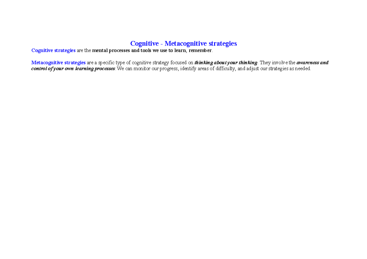 Cognitive Strategies For Ss Academic English Cognitive Metacognitive Strategies Cognitive
