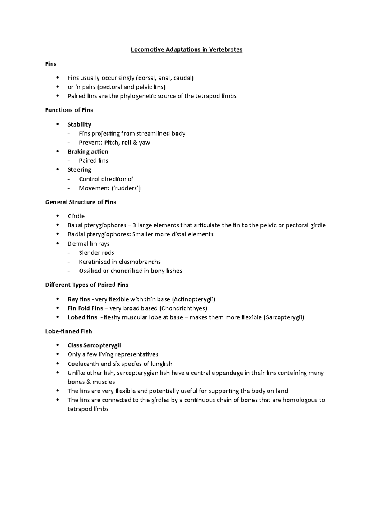 Locomotive Adaptations in Vertebrates Fins - Studocu
