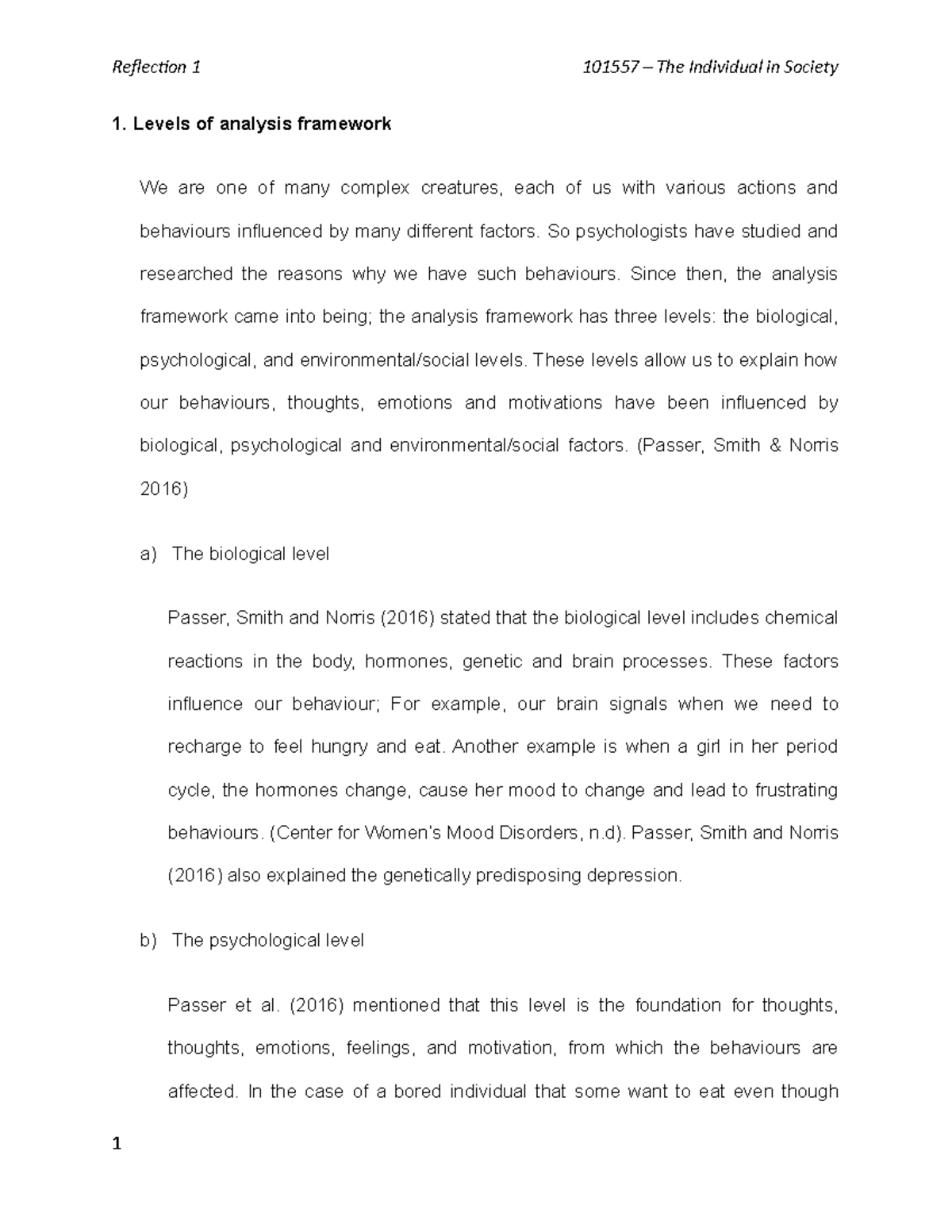 Reflection 1 - Individual in Society - Reflection 1 101557 – The ...