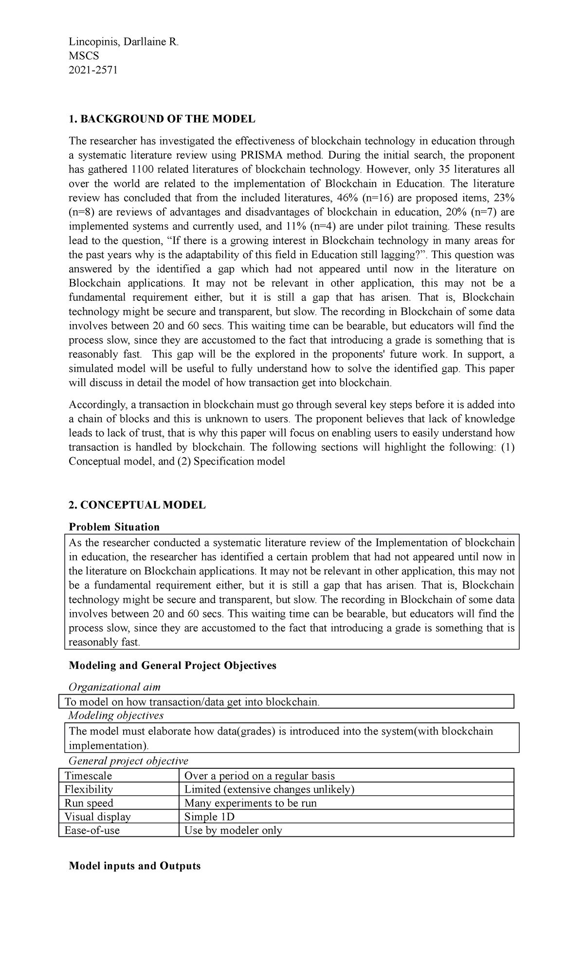 Building a Specification Model - MSCS 2021- 1. BACKGROUND OF THE MODEL ...