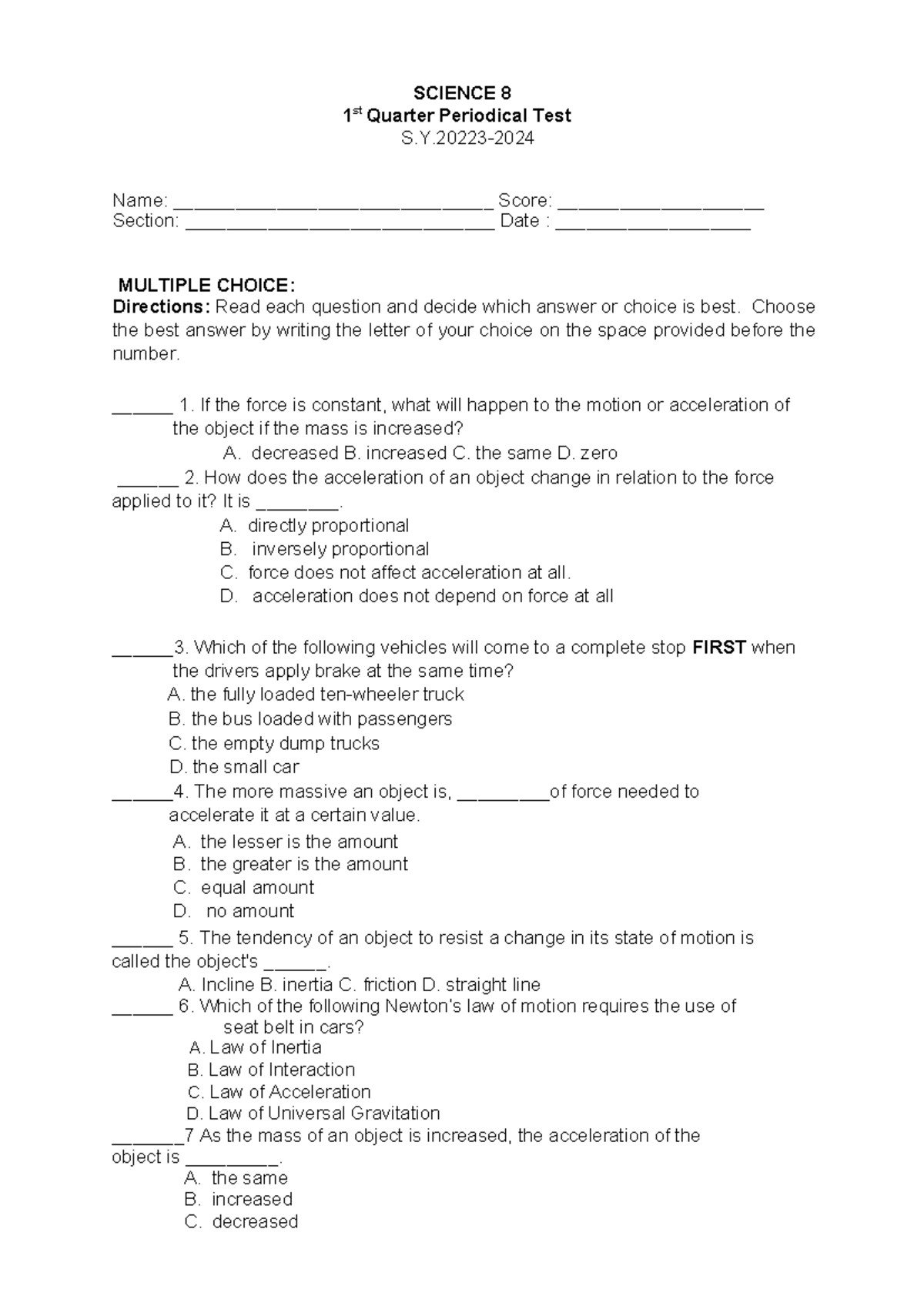 Science 8 1ST Periodical EXAM - SCIENCE 8 1 st Quarter Periodical Test ...
