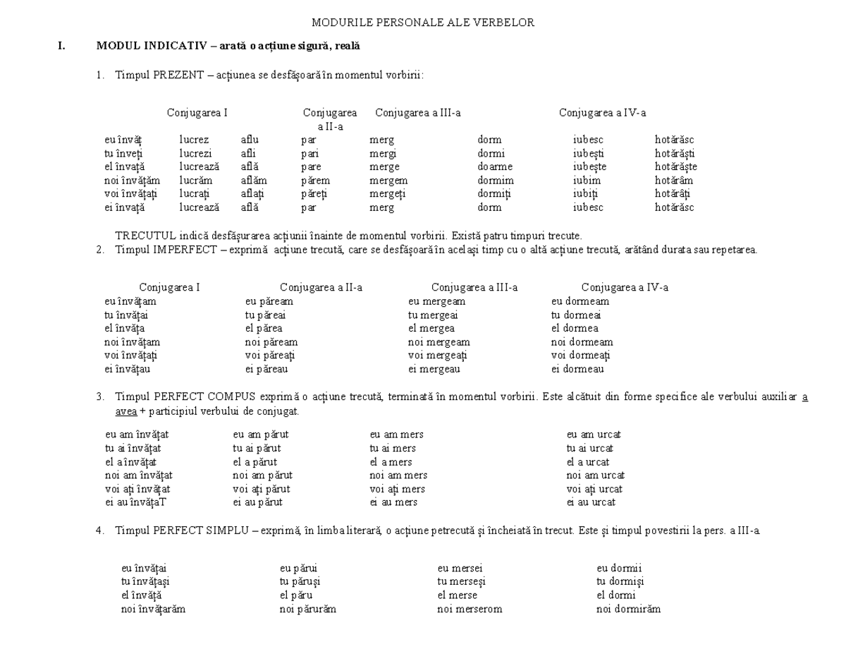 Scribd - MODURILE PERSONALE ALE VERBELOR I. MODUL INDICATIV – arată o ...