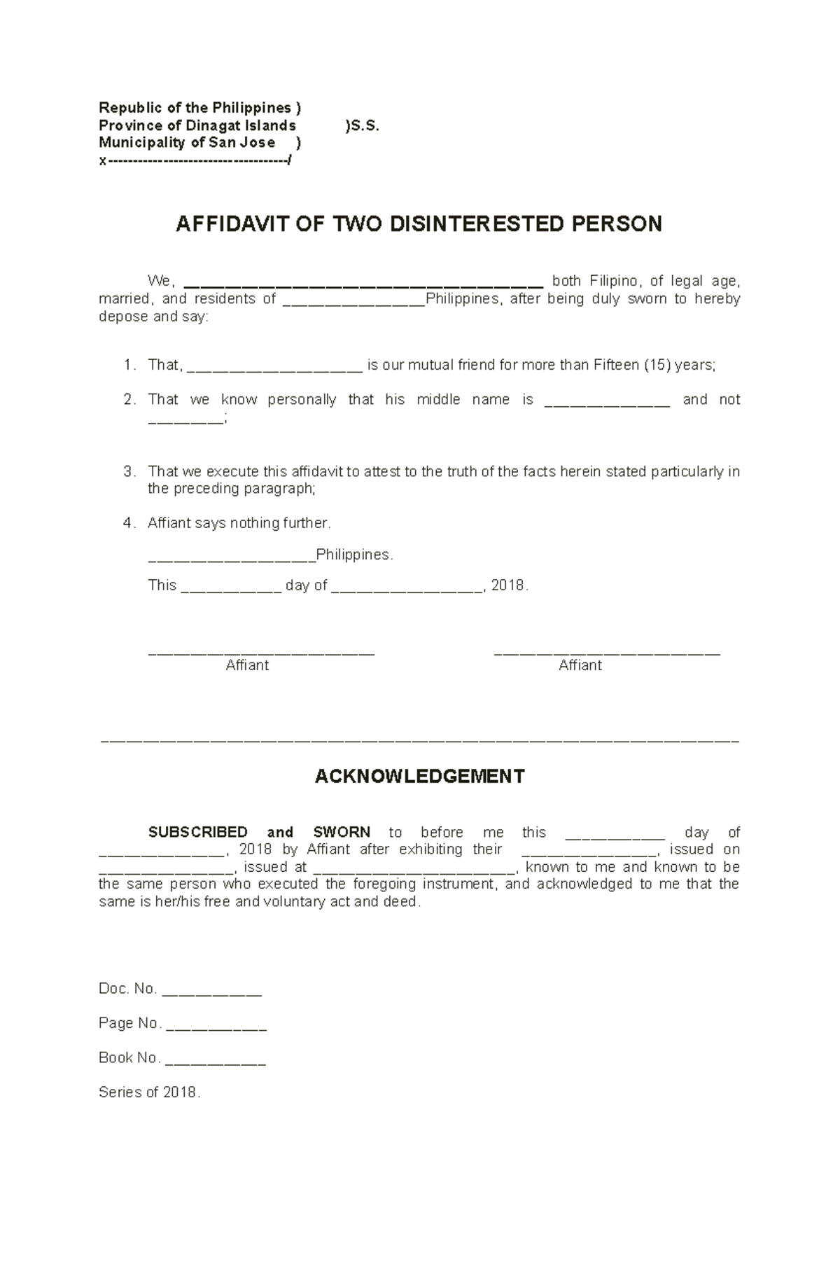 Sample Affidavit of 2 Dis - Republic of the Philippines ) Province of ...