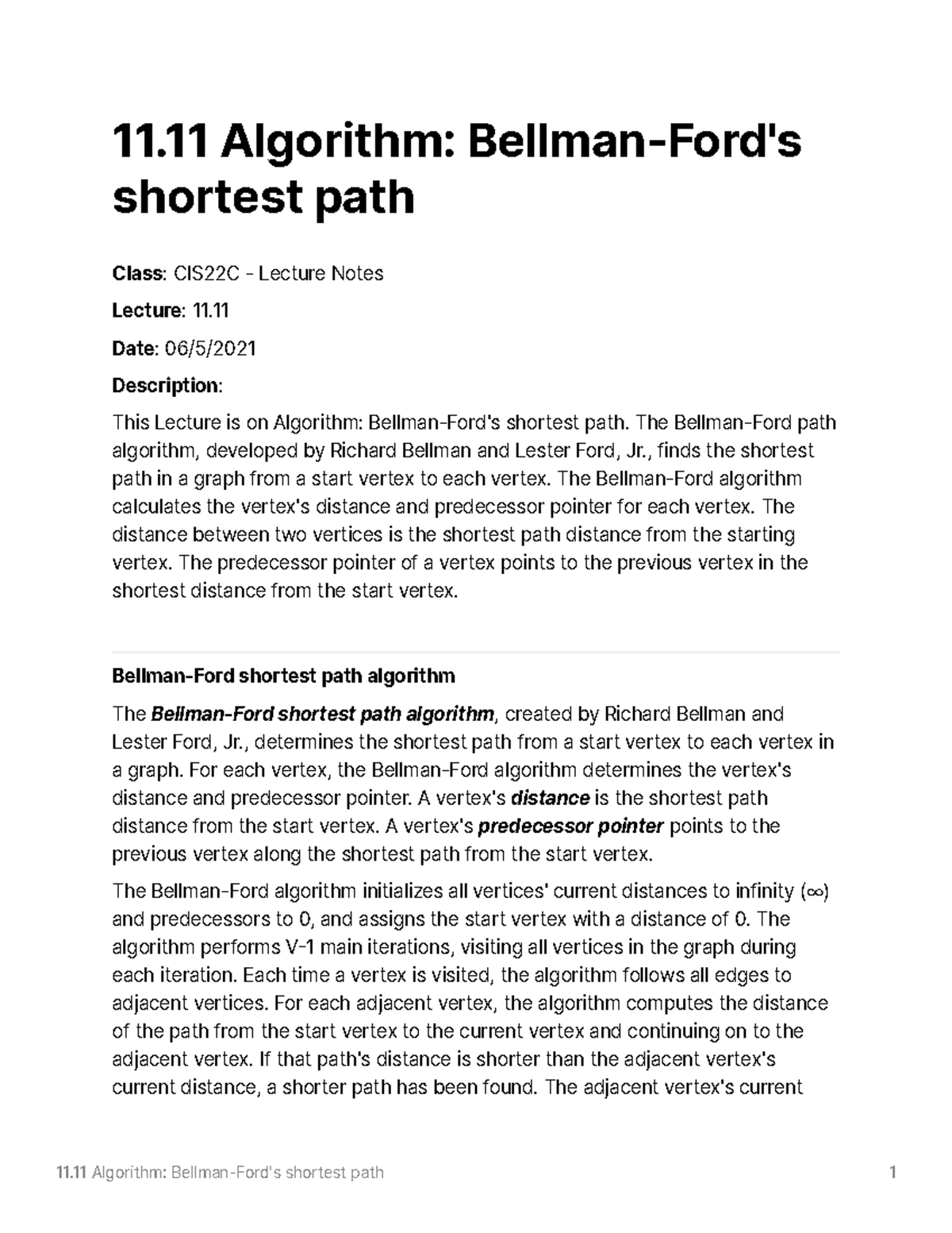 11.11 Algorithm: Bellman-Ford's shortest path - 11 Algorithm: Bellman ...