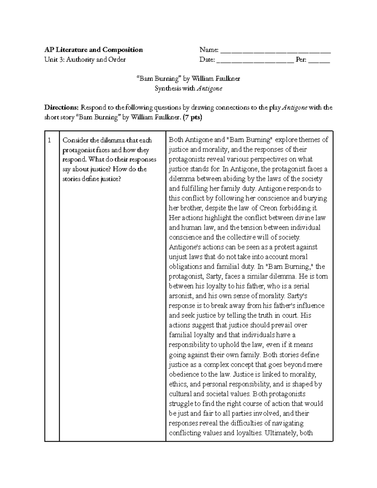 Copy of Barn Burning Questions-2 - AP Literature and Composition Name ...
