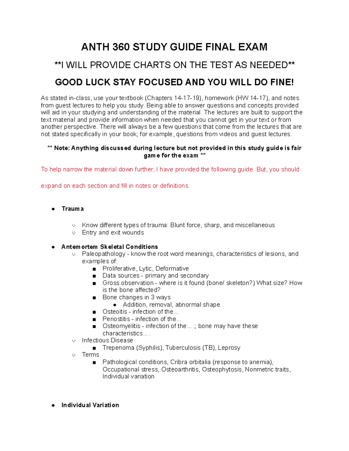 ANTH 360 - F 2018 Final Study Guide - ANTH 360 STUDY GUIDE FINAL EXAM WILL PROVIDE CHARTS ON THE ...