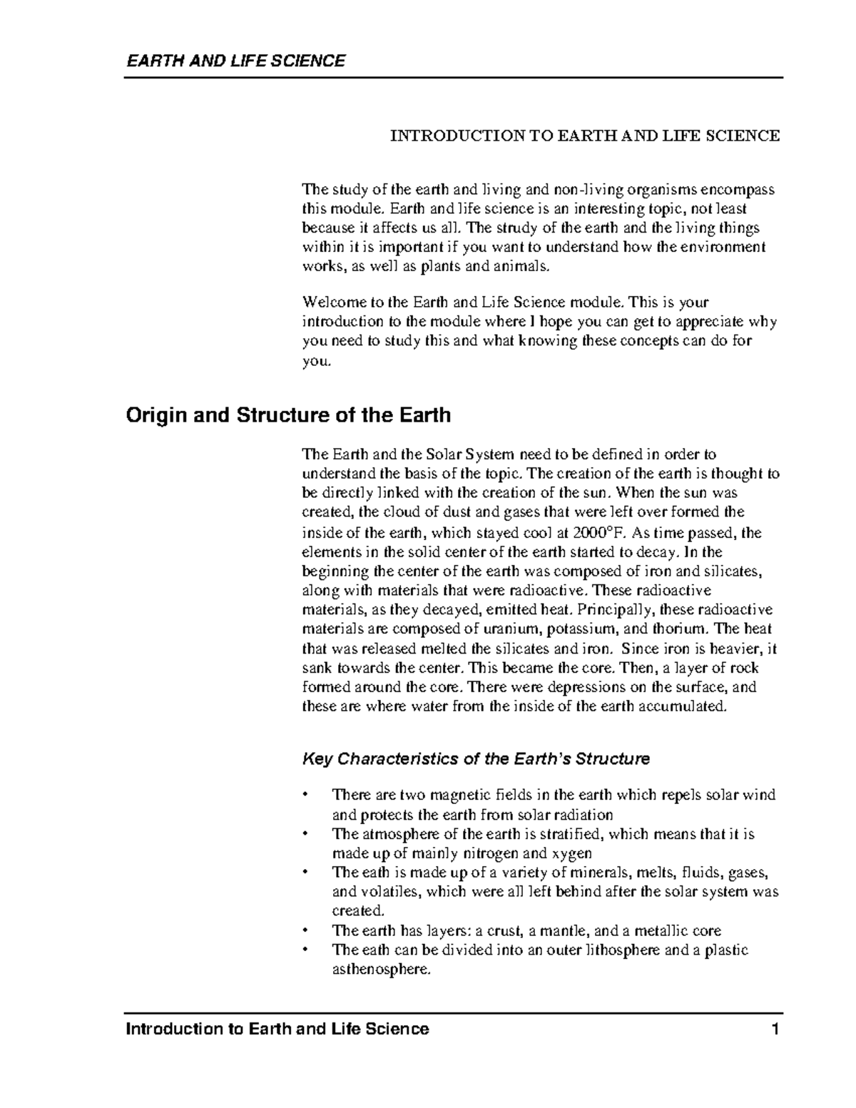 Week 001 Module Introduction to Earth and Life Sciences - EARTH AND ...